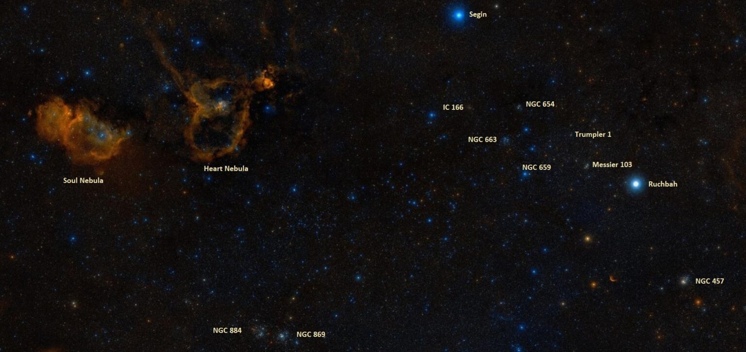 Segin, Ruchbah, Heart and Soul Nebulae, the Double Cluster, NGC 654 ...